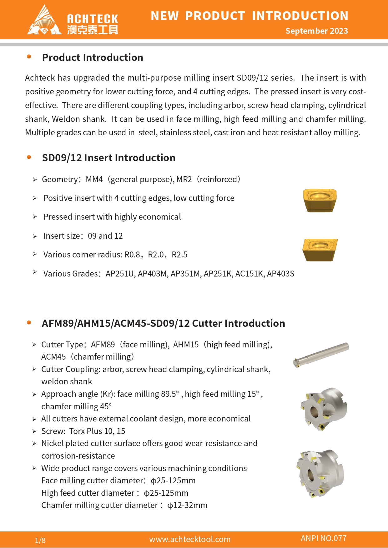SD09/12 Positive multi-purpose milling insert with 4 cutting edges
